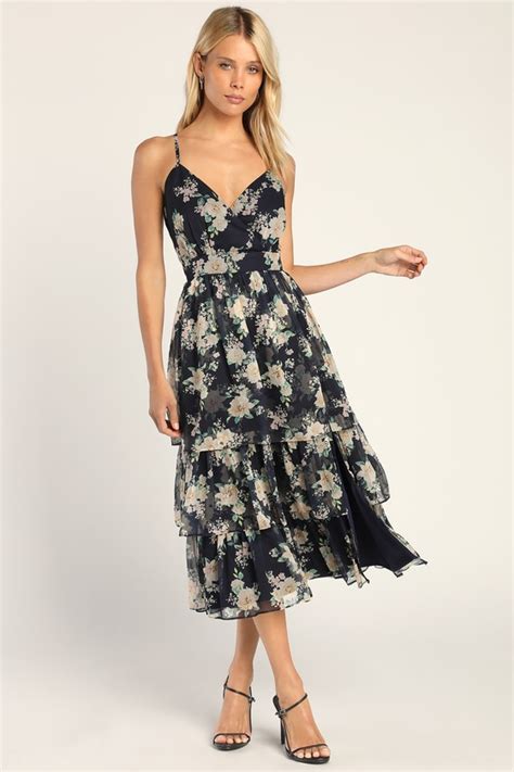 Navy Floral Midi Dress Ruffled Dress Backless Chiffon Dress Lulus