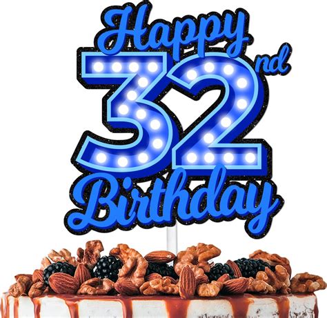Blue Glitter Happy Birthday 32nd Cake Topper Lets Glow