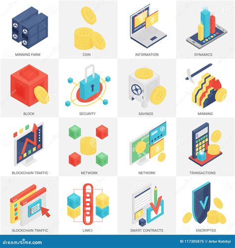 3d Vector Isometric Cryptocurrency Mining And Blockchain Icons Set Stock Vector Illustration