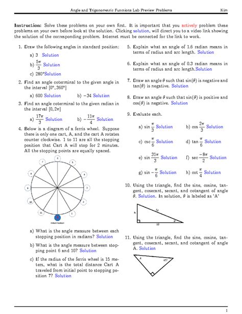 Angle And Trig Functions Angle And Trigonometric Functions Lab Preview Problems Kim