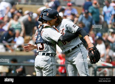 Detroit Tigers Pitcher Jason Foley Right Celebrates With Catcher Eric