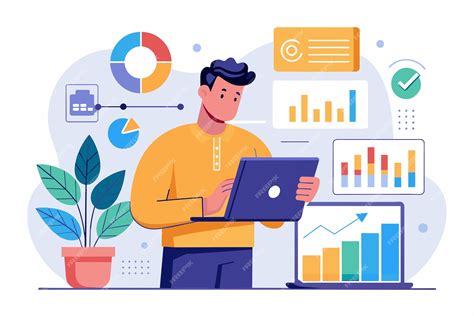 Premium Vector Man Standing In Front Of Laptop Analyzing Infographics