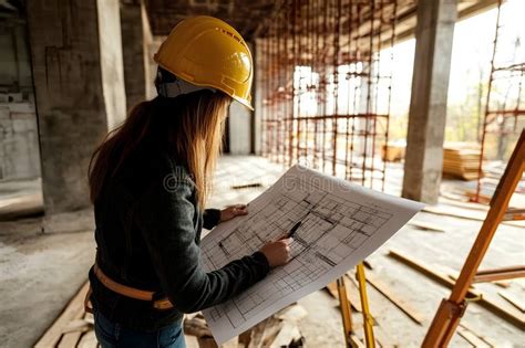 Architect Woman Working With Blueprints At Construction Site Building Concept Stock