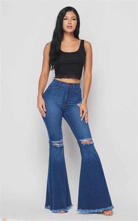 Vibrant Distressed Super Flare Jeans Medium Denim Super Flare Jeans