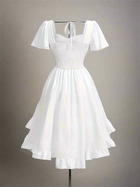 Elegant Off Shoulder Ruffle Dress With Lace Up Corset Waist Outside