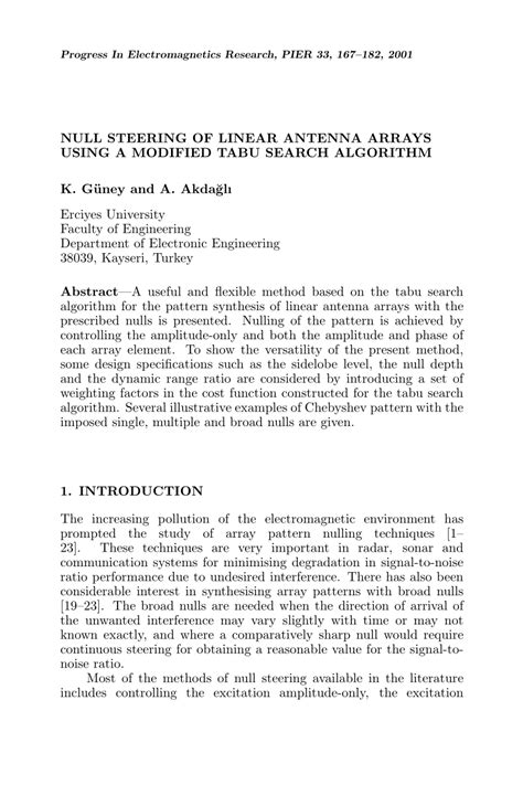 Pdf Null Steering Of Linear Antenna Arrays Using A Modified Tabu