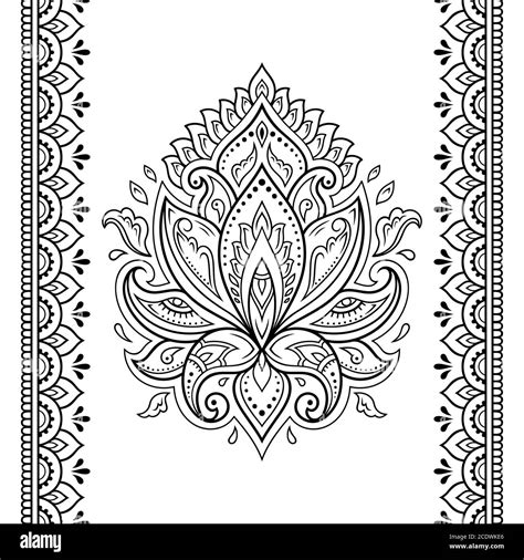 Set Of Lotus Mehndi Flower Pattern And Seamless Border For Henna