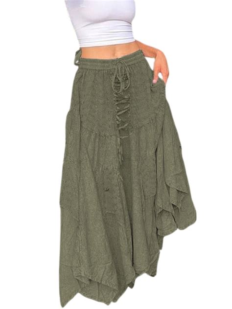 Calsunbaby Women Y2K Fairy Grunge Midi Skirt Vintage Boho Elastic High