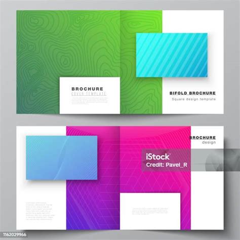 정사각형 디자인 Bifold 브로셔 잡지 전단지 소책자를위한 두 개의 표지 템플릿의 편집 가능한 레이아웃의 벡터 그림 화려한