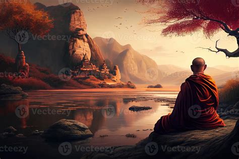 Illustration Of Buddhist Monk In Meditation Beside The River With
