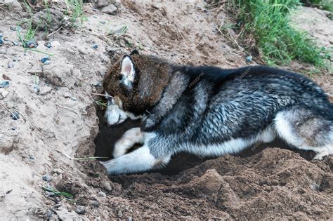 Cachorro Cava Um Buraco No Chão Foto Premium