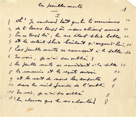 Les Feuilles Mortes Manuscrit De Jacques Pr Vert Poeme Et