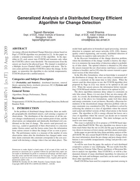 PDF Generalized Analysis Of A Distributed Energy Efficient Algorithm For Change Detection