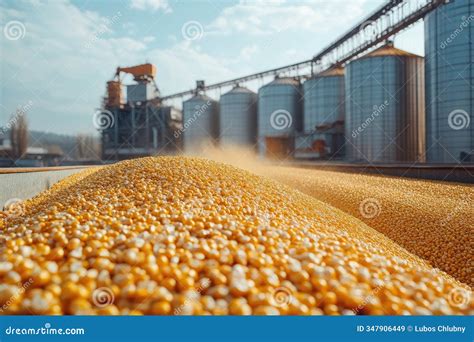 Corn Kernels Moving On Conveyor Belt Into Storage Silos Stock