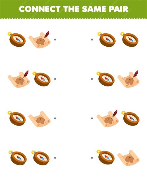 어린이를 위한 교육 게임은 귀여운 만화 나침반과 보물 지도 쌍 인쇄 가능한 해적 워크시트의 동일한 그림을 연결합니다 프리미엄 벡터