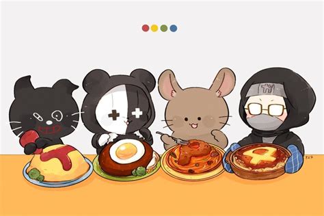 Three Cartoon Characters Sitting At A Table With Food