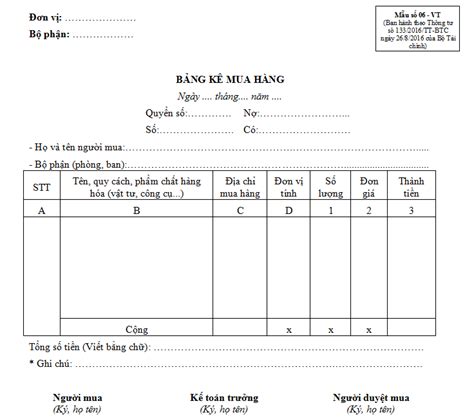 Bảng Kê Mua Hàng Mẫu Theo Thông Tư 200 Và 133