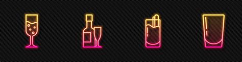 세트 라인 칵테일 블러디 메리 샴페인 한 잔 샴페인 병과 유리 물과 함께 빛나는 네온 아이콘 벡터 공휴일에 대한 스톡 벡터 아트 및 기타 이미지 Istock