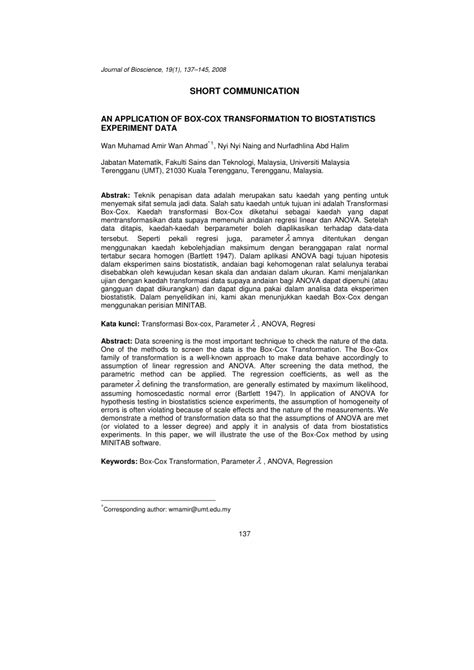 Pdf An Application Of Box Cox Transformation To Biostatistics Experiment Data