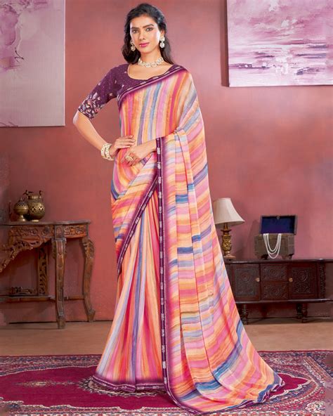 Vishal Prints Wine Designer Chiffon Saree With Fancy Embroidery Work B