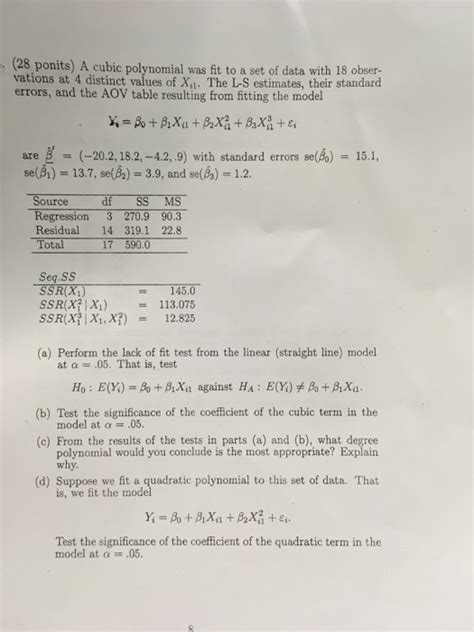 Solved A Cubic Polynomial Was Fit To A Set Of Data With 18 Chegg Com