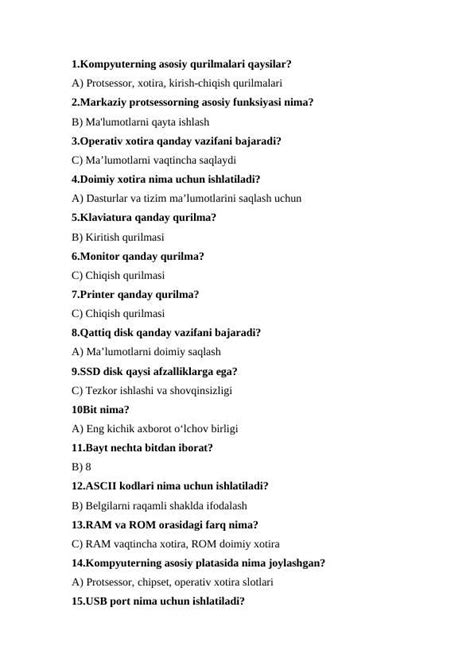 Informatika Fanidan 50 Talik Test Javoblari Bilan Uzlashtirish Uchun