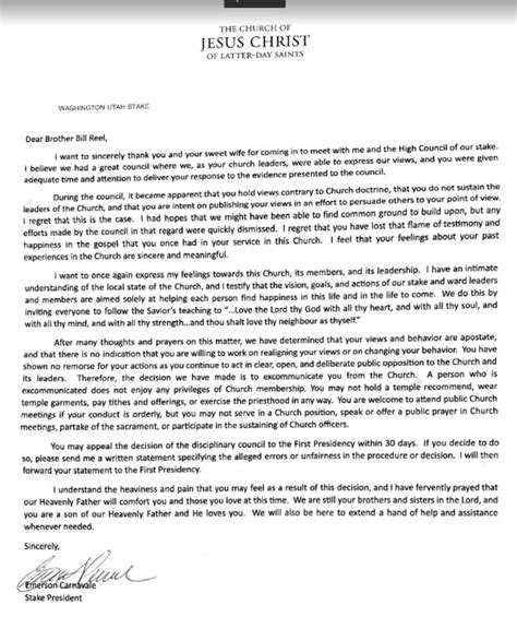 Bill Reel Statement On Excommunication 1232018 Mormon