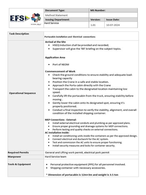 method statement portacabin installation loading unloading and