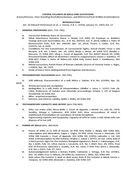 Wills And Succession Syllabus Pdf Will And Testament Intestacy