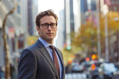 A Man In A Suit And Glasses Stands In The Street Premium Ai Generated