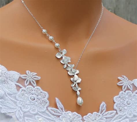 Silver Orchid Necklace With Pearls Cascade Orchid Necklace Etsy