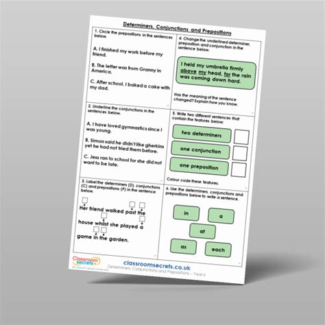 Year 6 Identifying Determiners Conjunctions And Prepositions In Sentences Mixed Activity
