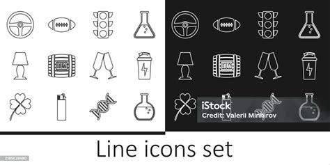 세트 라인 시험관과 플라스크 피트니스 셰이커 신호등 럼주가 담긴 나무 통 테이블 램프 스티어링 휠 샴페인 잔 및 미식 축구 공 아이콘 벡터 4가지 개체에 대한 스톡 벡터