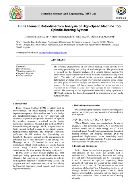 Pdf Finite Element Rotordynamics Analysis Of High Speed Machine Tool Spindle Bearing System