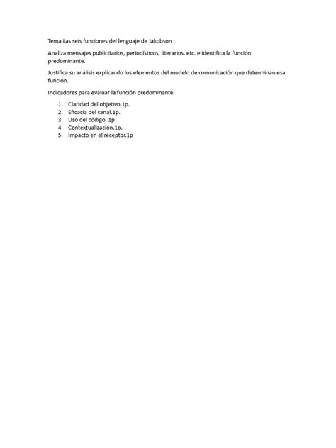 Tema Las Seis Funciones Del Lenguaje De Jakobson Ejercicios Pdf