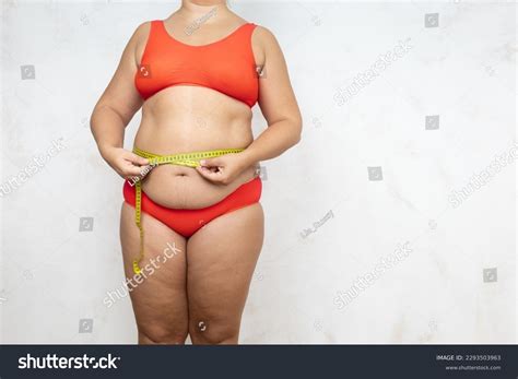 Overweight Woman Measure Waist Circumference Tape Stock Photo
