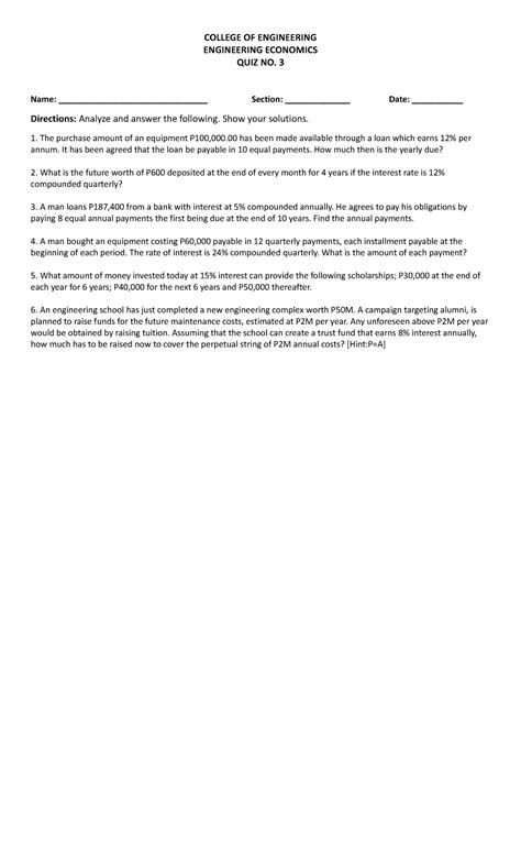 Econ Quiz 3 None College Of Engineering Engineering Economics Quiz