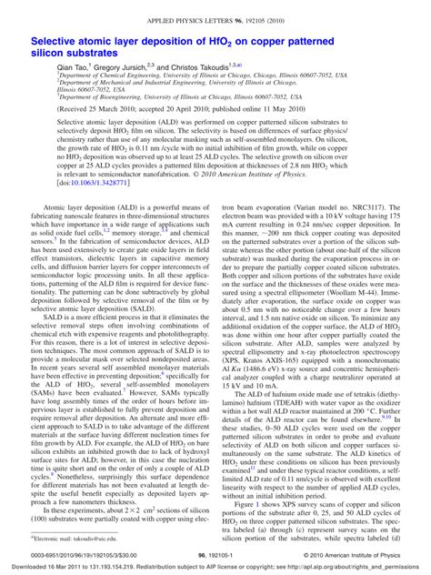 Pdf Selective Atomic Layer Deposition Of Hfo2 On Copper Patterned Silicon Substrates
