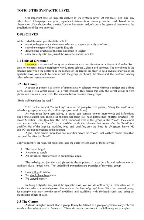 Syntactic Level A Learning Notes For The Syntactic Level Topic 3
