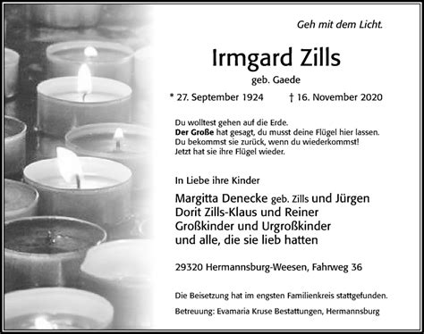 Traueranzeigen Von Irmgard Zills Trauerportal Der Celleschen Zeitung