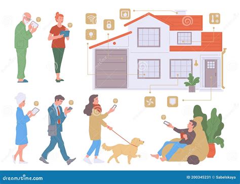 People Set Up And Use Smart Home Technology A Vector Illustration Stock Vector Illustration Of