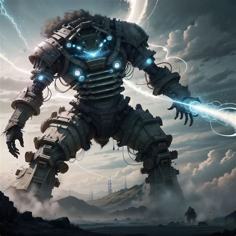Premium Photo A Giant Robot Is In The Clouds With A Lightning Bolt On It