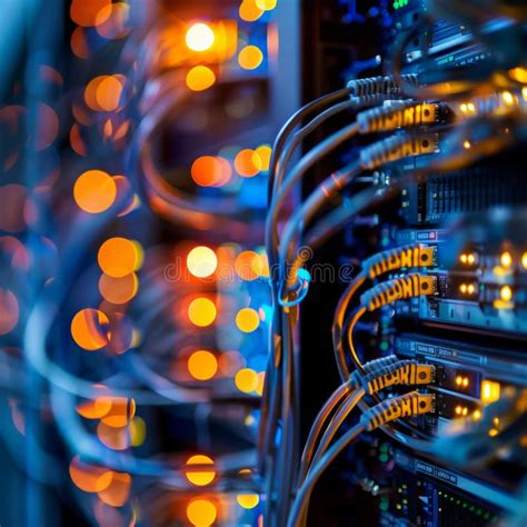 Close Up Of Server Racks With Network Cables And Bokeh Lights Stock Illustration Illustration