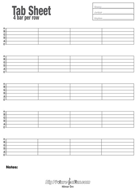 Printable Guitar Tablature Paper