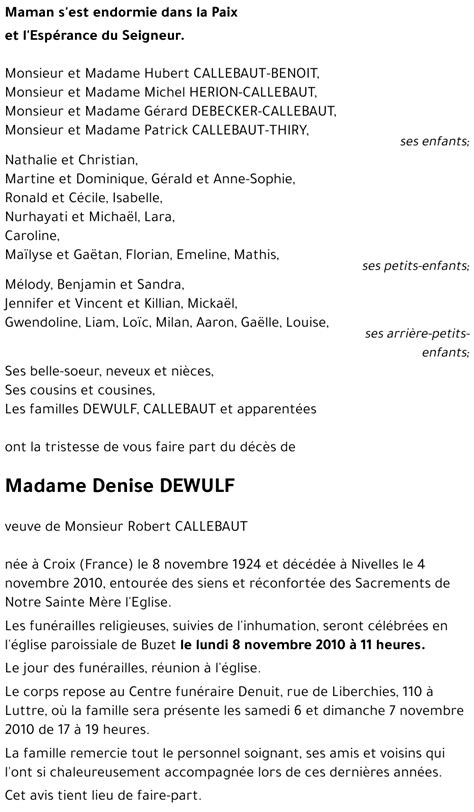 Avis De Décès De Denise Dewulf Décédé Le 04112010 à Nivelles