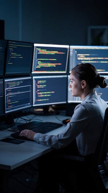 Female Programmer Coding On Desktop Computer With Six Monitors Setup In Dark Office Premium AI