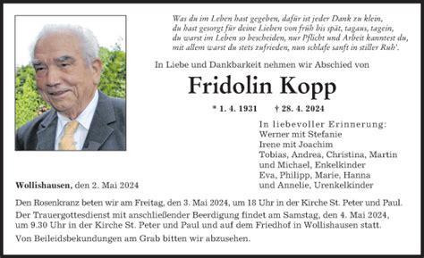 Traueranzeigen Von Fridolin Kopp Augsburger Allgemeine Zeitung