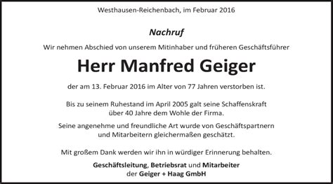 Traueranzeigen Von Manfred Geiger OstalbTrauer
