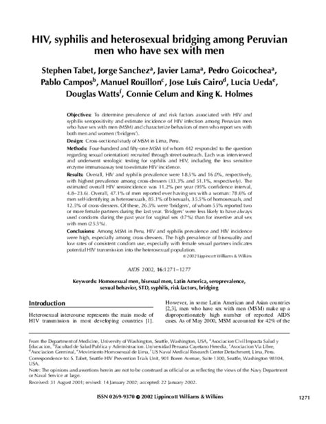 Pdf Hiv Syphilis And Heterosexual Bridging Among Peruvian Men Who