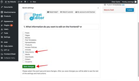 wordpress table display posts and pages with frontend editor